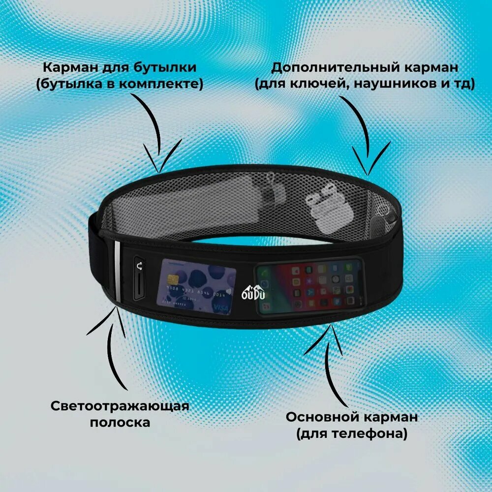 Сумка на пояс для бега и тренировок, черная, ширина 15 см, влагозащитная, с мягкой спинкой — фото 1