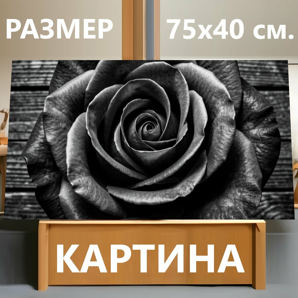 Картина на холсте "Черная роза на деревянном фоне. Крупный цветок в монохромной гамме с бархатистыми лепестками на фоне состаренных досок." на подрамнике 75х40 см. для интерьера