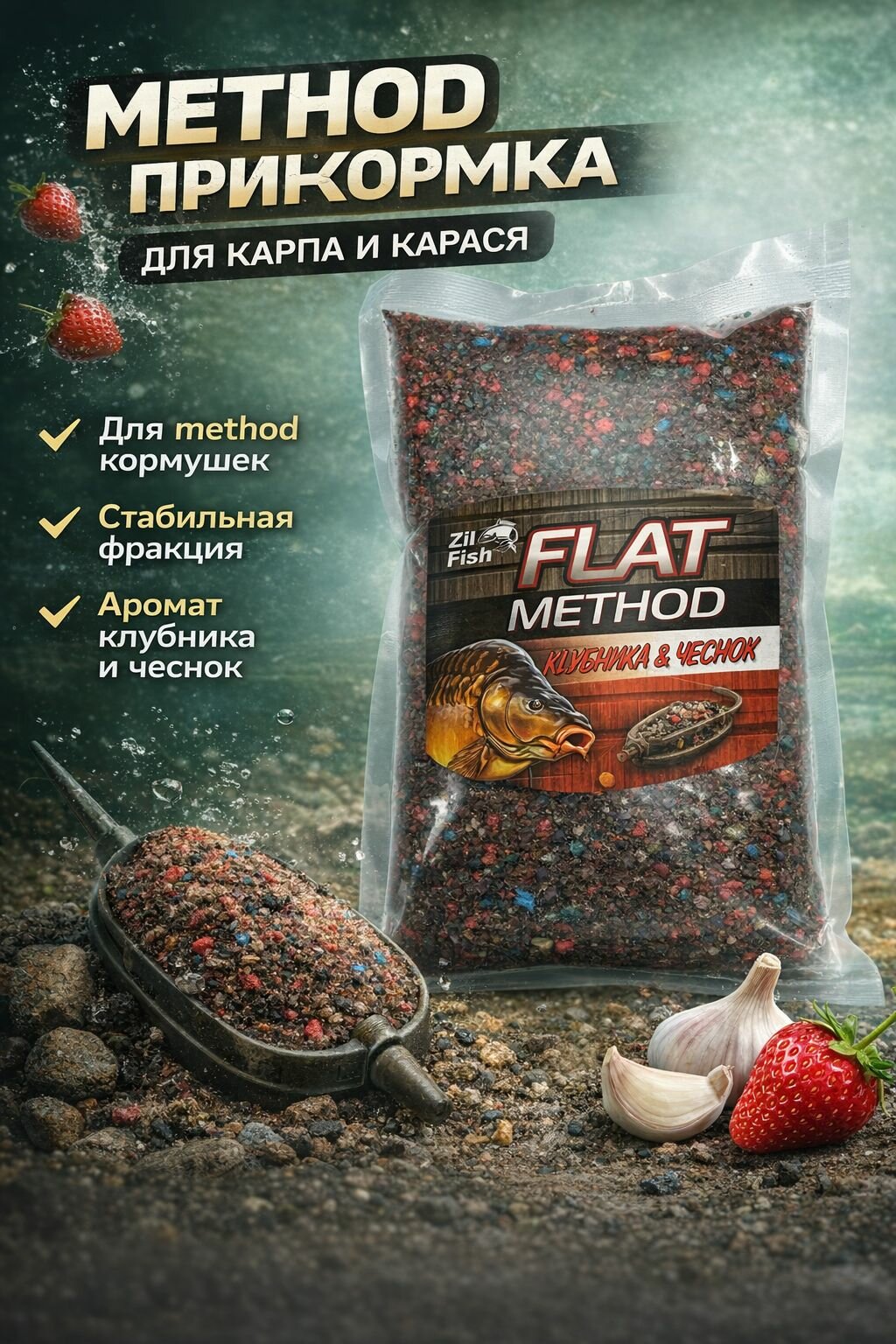 Прикормка для рыбалки Flat Method Feeder Клубника Чеснок, смесь для карпа и карася
