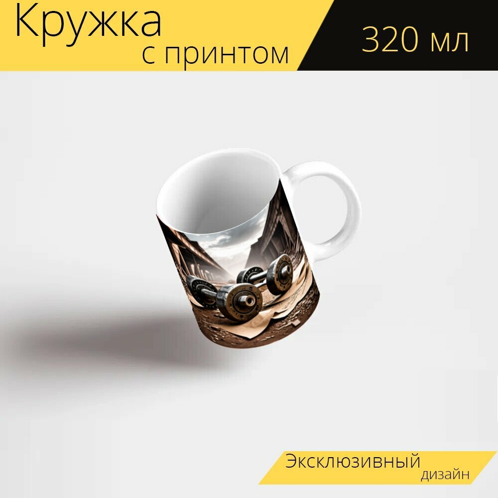 Кружка с рисунком, принтом "Гантели, выполненные в стиле стимпанк, с шестеренками и трубками, на фоне заброшенной фабрики. ветер развевает старую бумагу вокруг. стиль — ." 320 мл.