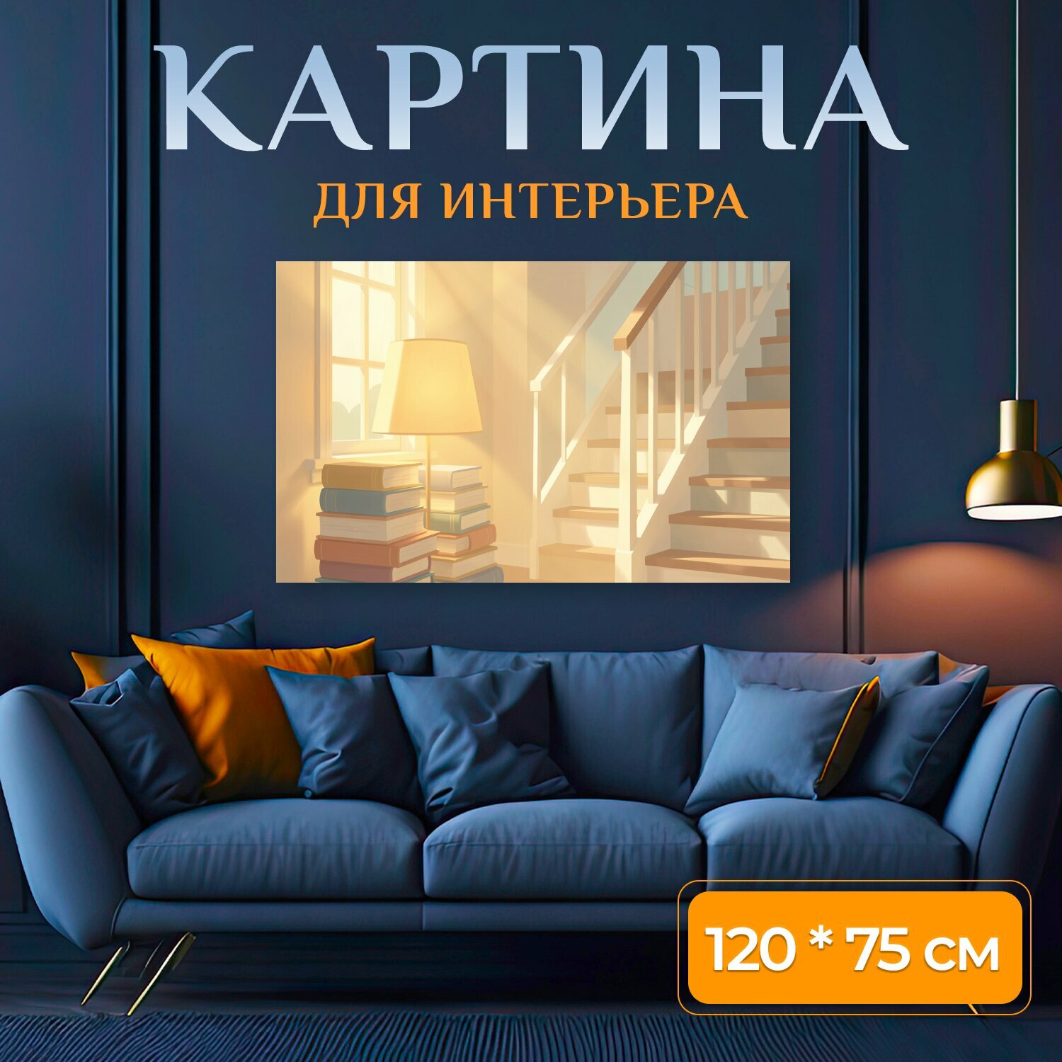 Картина на холсте "Солнечный интерьер с лестницей и книгами. Уютная светлая гостиная в мягких золотистых тонах: высокие окна, деревянная." на подрамнике 120х75 см. для интерьера