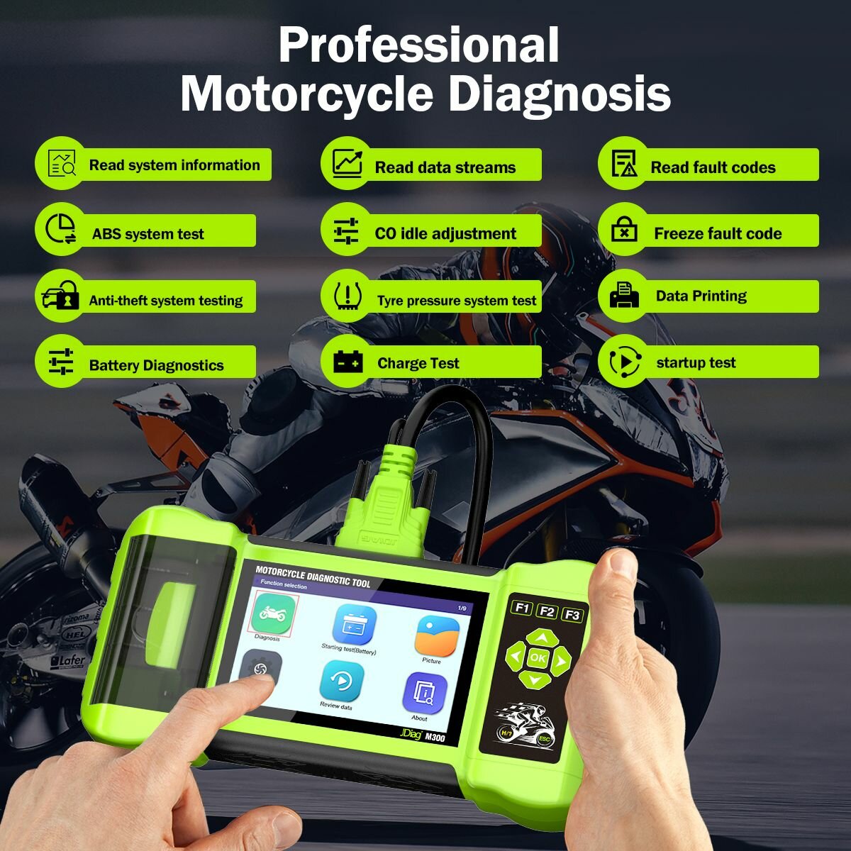 Диагностический сканер OBD2 для мотоциклов M300 — чтение и очистка кодов, тест аккумулятора, сброс сервисных ламп