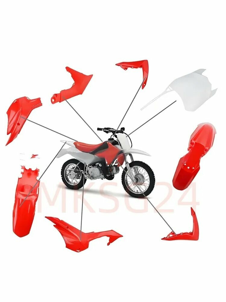 Пластик на кроссовый мотоцикл Honda CRF110 2013: бак, сиденье, облицовки, комплект обвеса