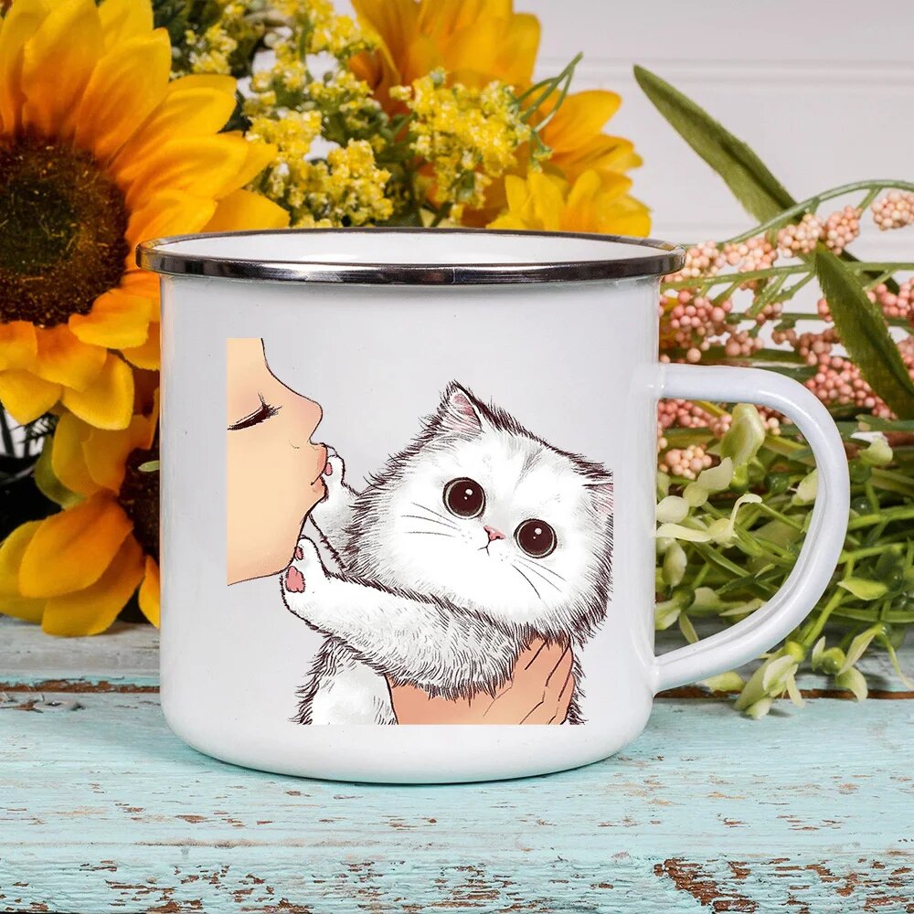 Эмалированные чашки для кофе и чая с мультяшным изображением кота, милые чашки для молока и десертов с изображением животных, домашняя посуда для напитков с изображением любимой кошки, подарки для лучшего друга
