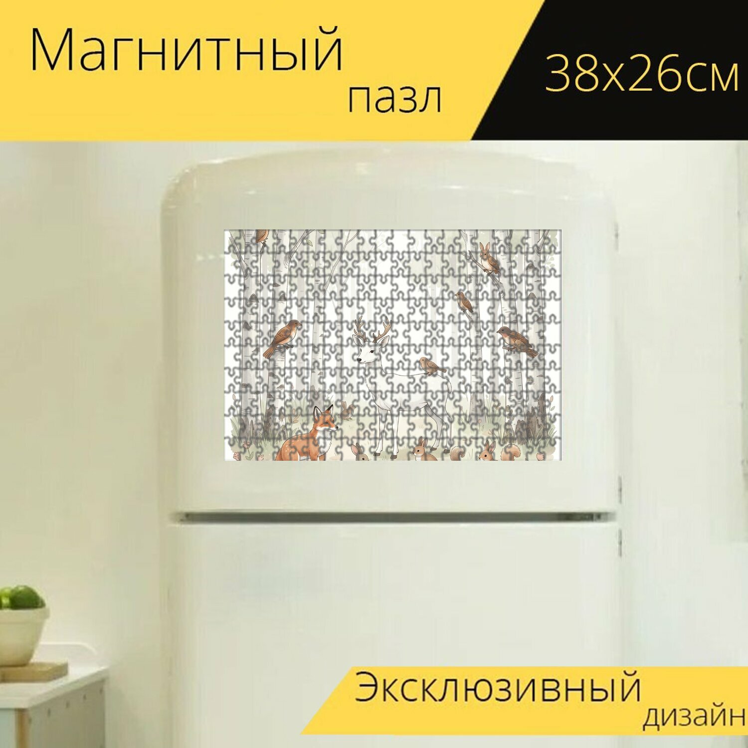 Магнитный пазл "Лесные звери среди берёз. Нежная сказочная иллюстрация с оленем, лисой, белками и птицами в светлой берёзовой роще. Пастельные оттенки." для интерьера, 38х26 см.