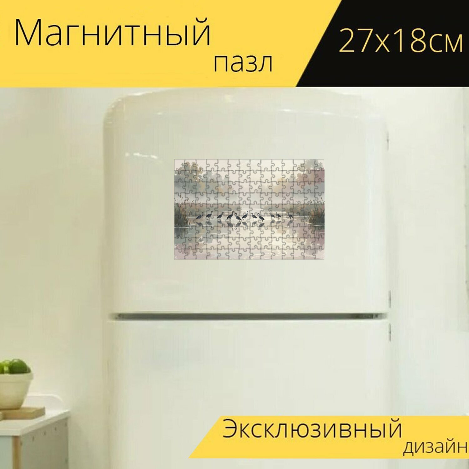 Магнитный пазл "Журавли на туманном озере. Акварельный пейзаж с болотными птицами на спокойной воде, камышами и размытым лесом в дымке. Нежные пастельные." на холодильник 27 x 18 см.
