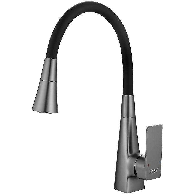 Смеситель для кухни Haiba HB823-3 HB73823-3 оружейная сталь черный, с гибким изливом, рычажный, латунь
