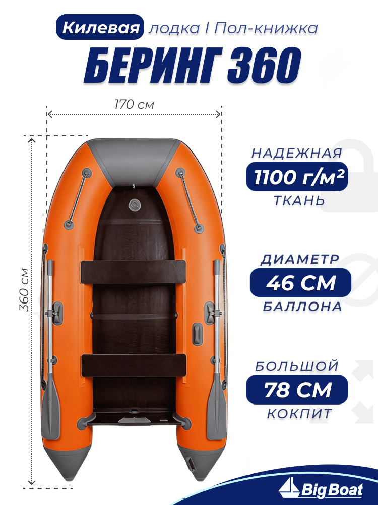 Надувная, под мотор, килевая лодка из ПВХ для рыбалки Bering (Беринг) 360К пол-книжка