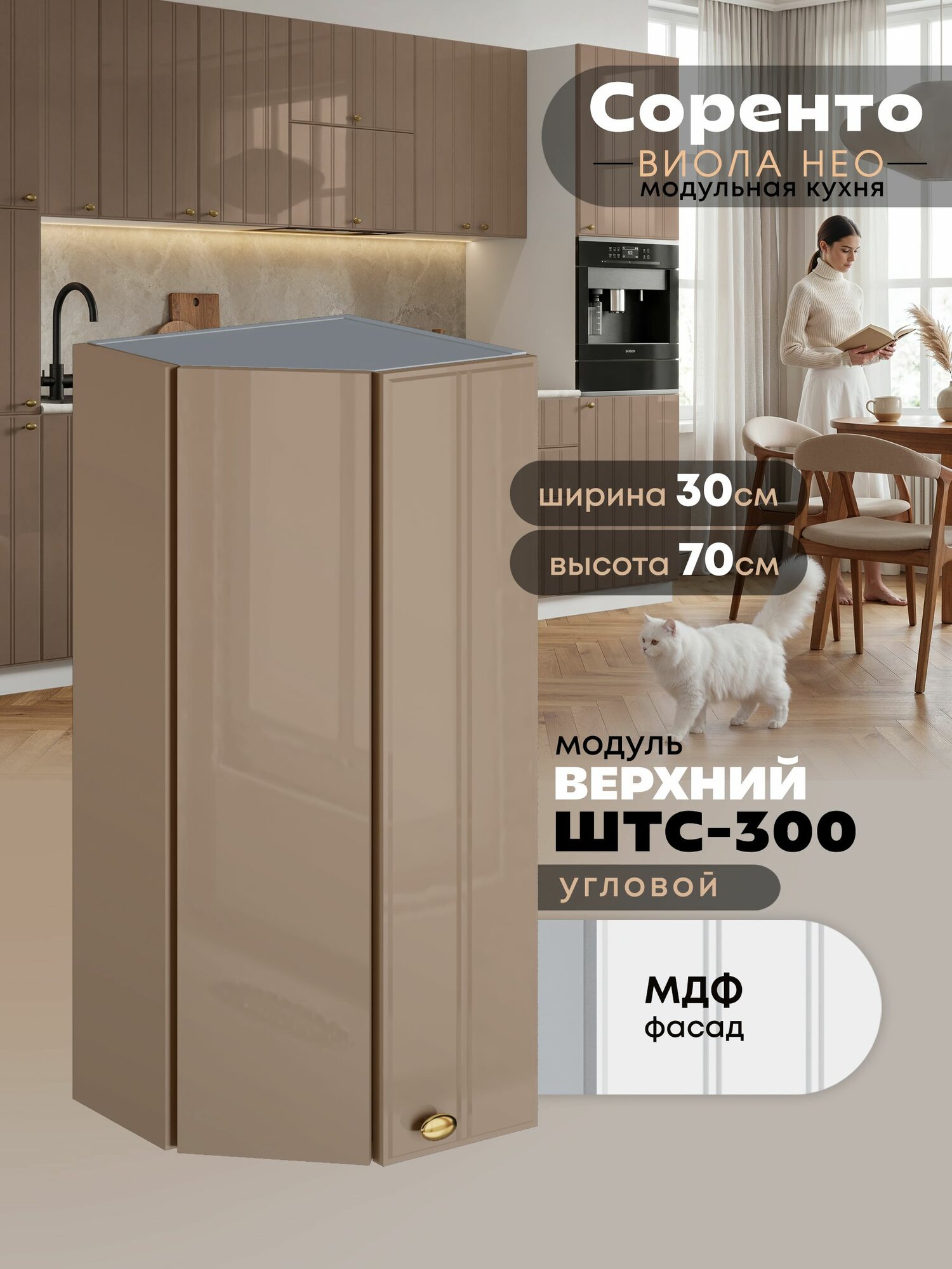Кухонный модуль навесной торцевой Виола Нео Соренто ШТС-300 (Кофе с молоком/Белый шагрень) высота 70,6см