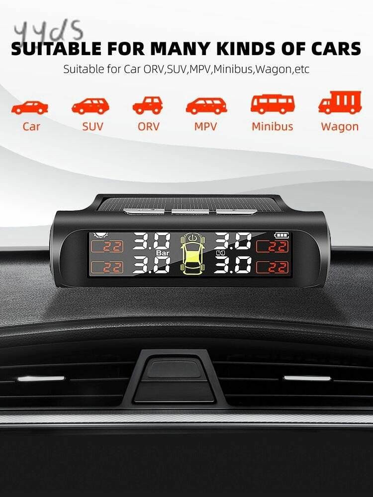 Система контроля давления в шинах TPMS — 4 внешних датчика, ЖК-дисплей, солнечная зарядка, оповещение о перегреве