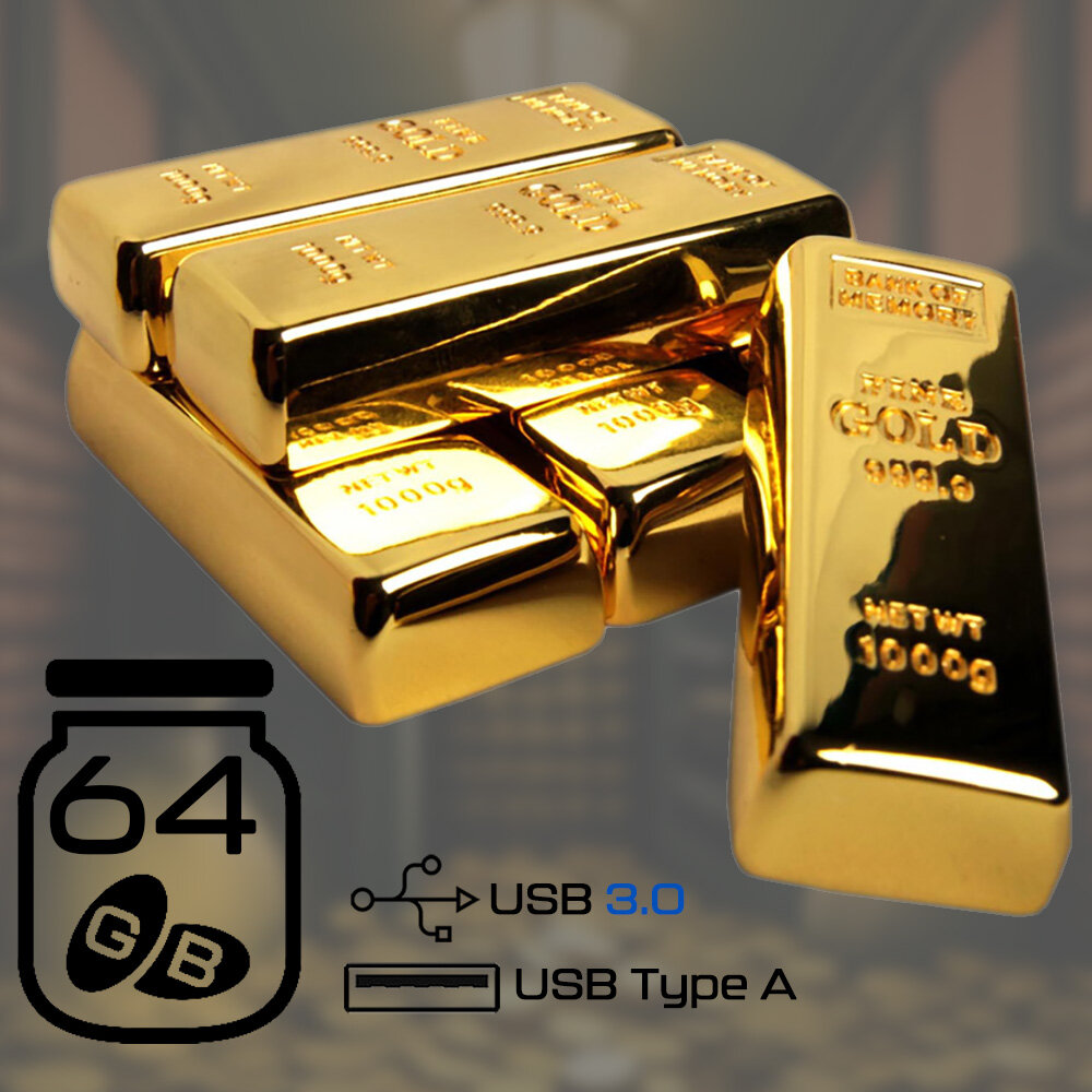 Металлическая флешка в виде слитка золота (64 Гб / GB USB 3.0 Золотой/Gold Gold_bar Flash drive Золотой слиток Gold Bar R352)