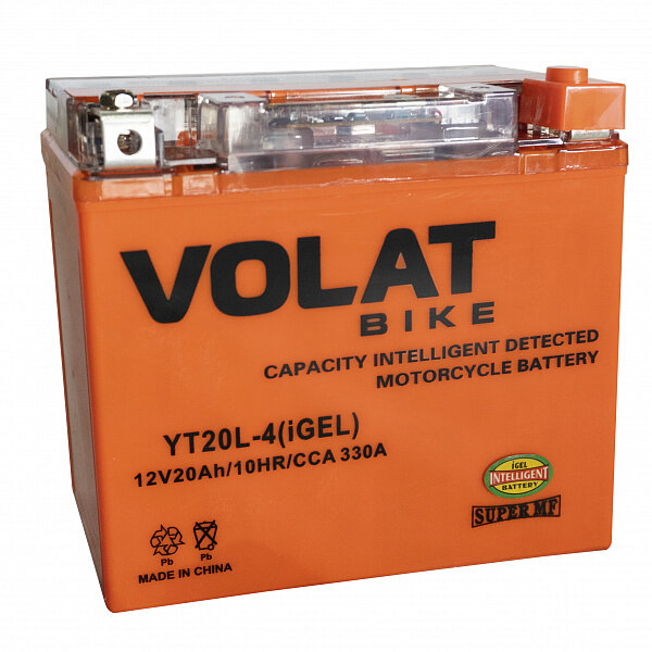 Аккумулятор мотоциклетный Volat 20Ah 330А YT20L-4 ОП (iGEL) R+ (177x88x155) 177x88x155