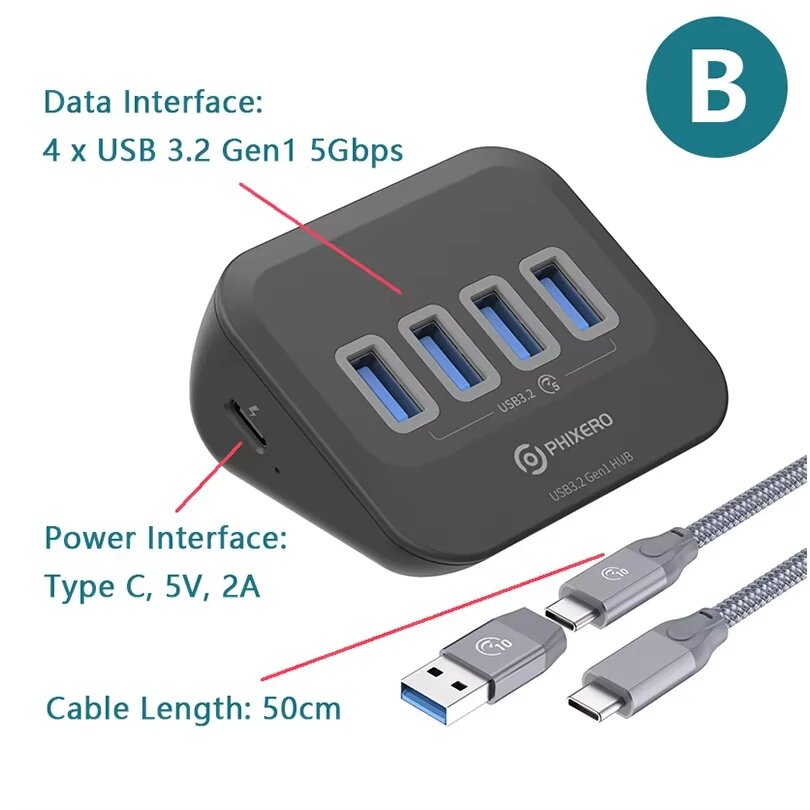 PHIXERO USB 3.2 Gen1 5Gbps хаб с Type-C, 50см