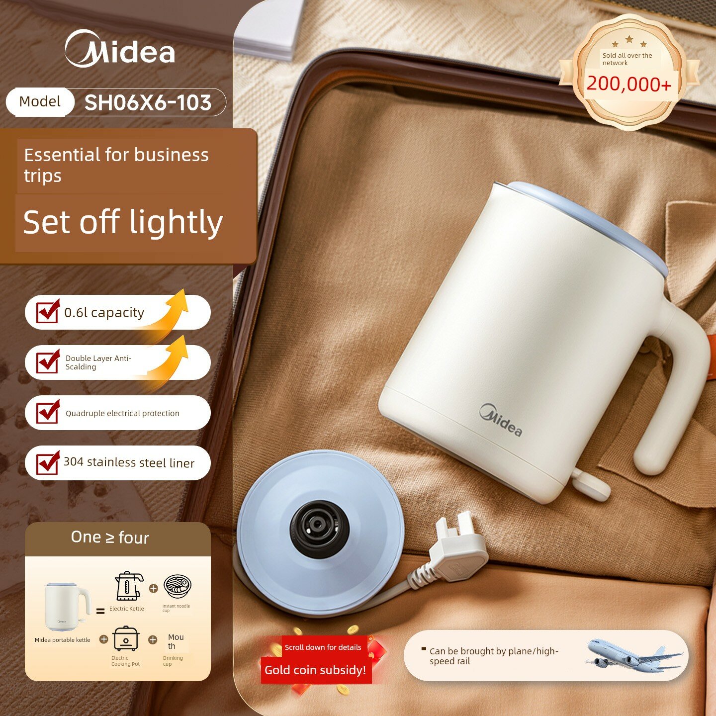 Мини-электрочайник Midea для студентов общежитий, компактный портативный дорожный электрочайник с низким