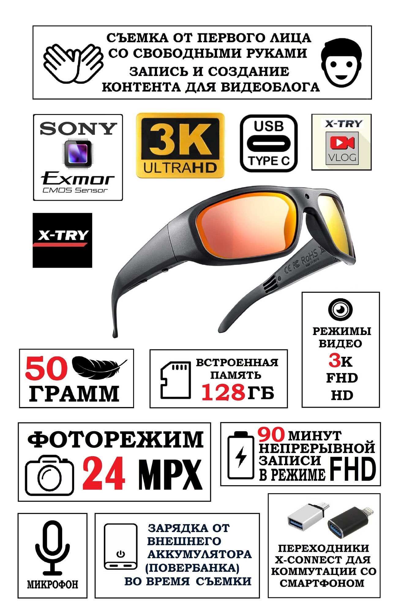 Очки с видеокамерой X-TRY XTG363, сенсор SONY, 2880x1620, 50 мин, 30 кадр/сек