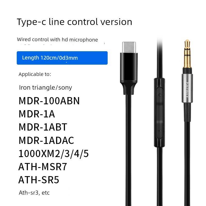Кабель для наушников MDR-1AM2 1000XM4 XM5 MDR-1ABP xb950BT, однокристальная медь с серебряным покрытием TYPEC/черная