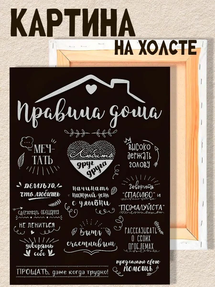 Картина на стену Правила дома, на подрамнике, 1шт, 55х38 размер.