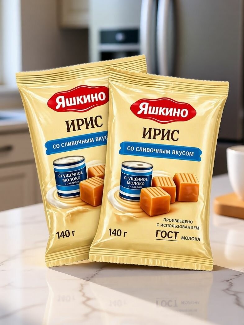 Ирис Яшкино со сливочным вкусом, 2 шт по 140 г (280 г), мягкие сливочные конфеты, карамель ирис, сладости к чаю