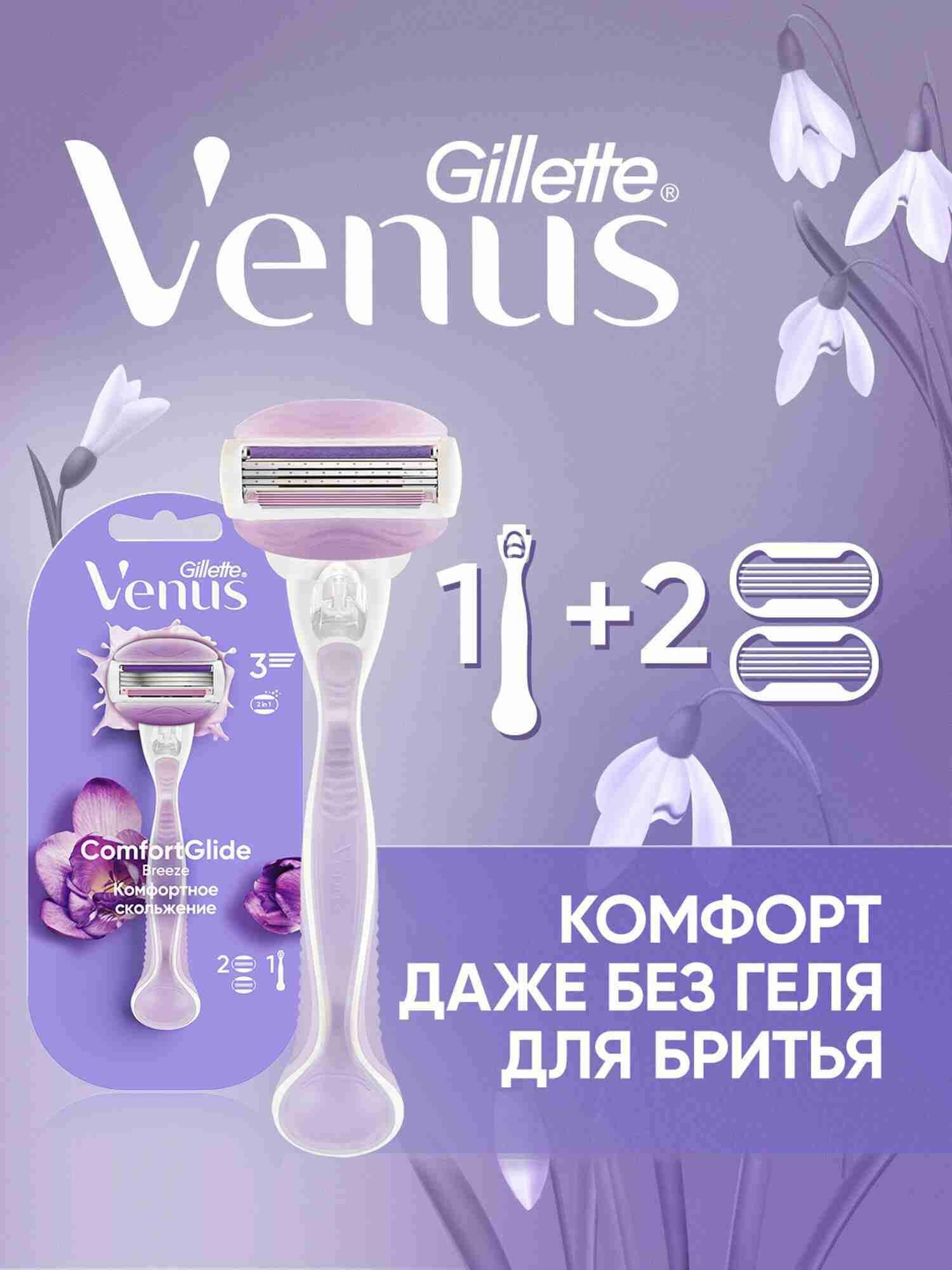 Gillette Venus Comfortglide Breeze женский бритвенный станок, 2 кассеты, 3 лезвия с подвижными увлажняющими подушечками
