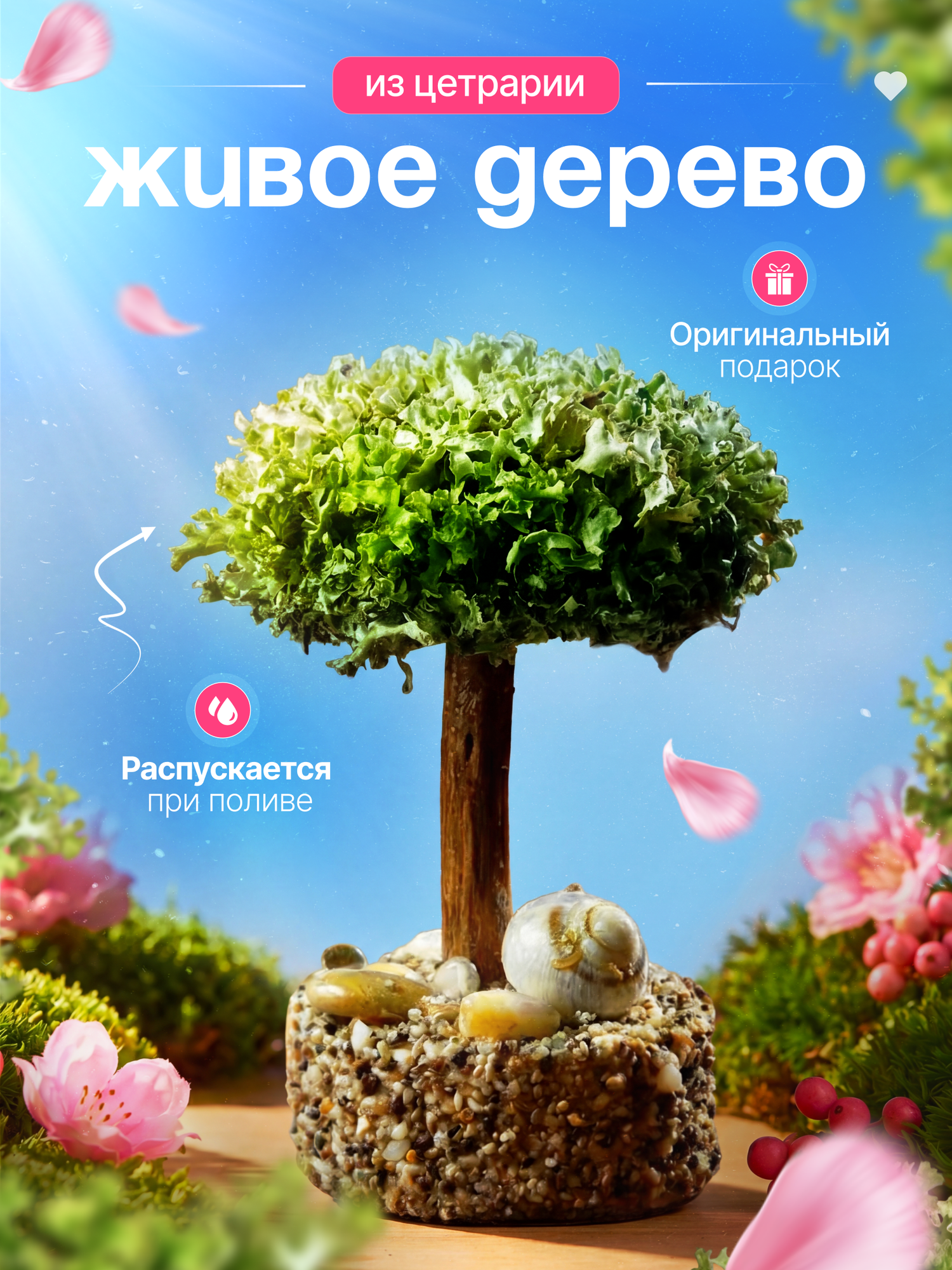 Декоративное дерево из Цетрарии исландский мох (1 крона) ручной работы.