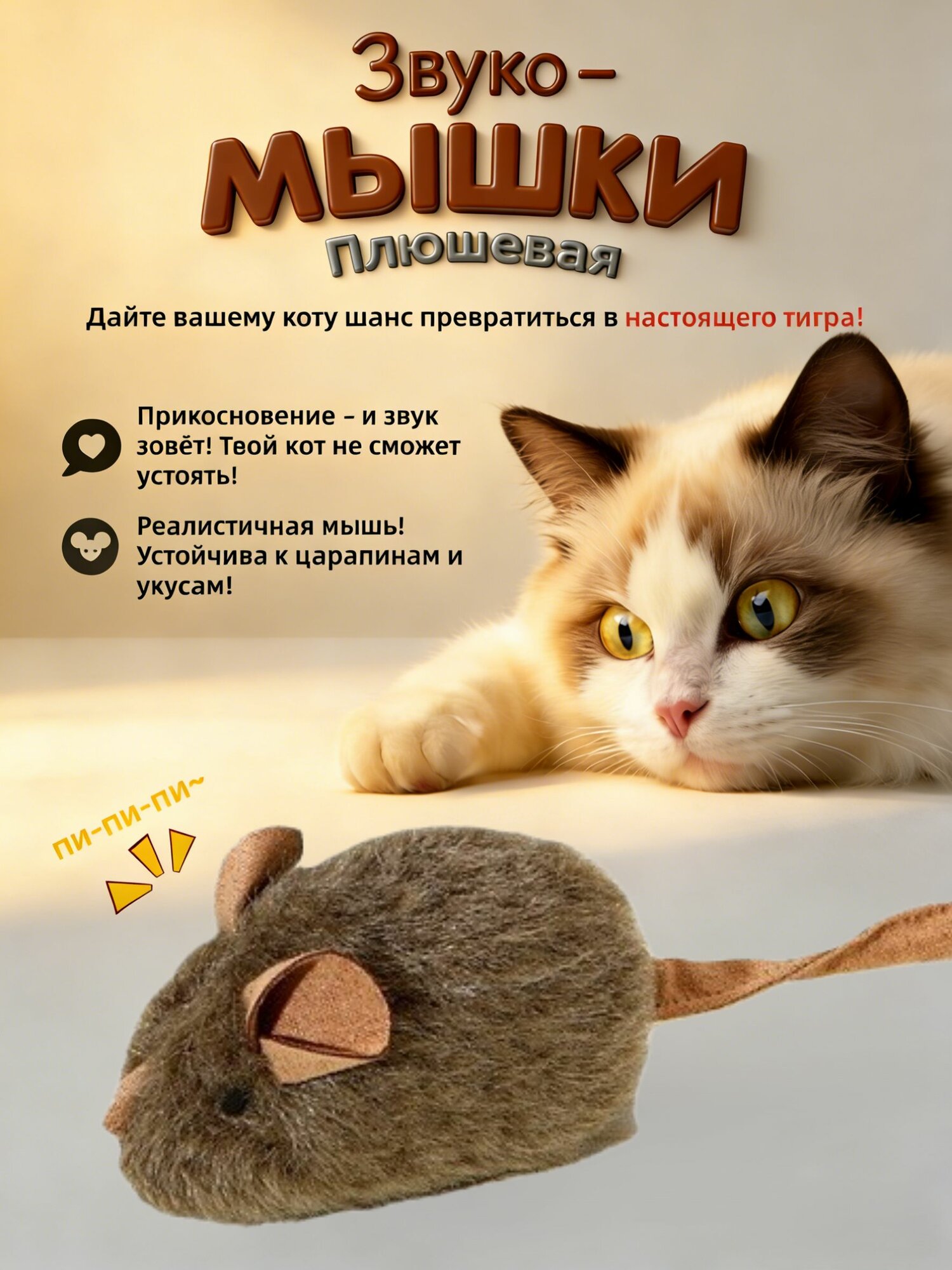 Игрушка-мышка для кошки с пищалкой, подарок для питомца