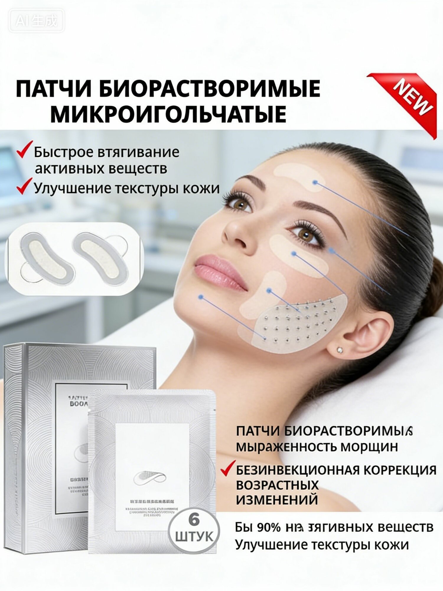 Патчи с микроиглами от морщин с гиалуроновой кислотой, 6шт