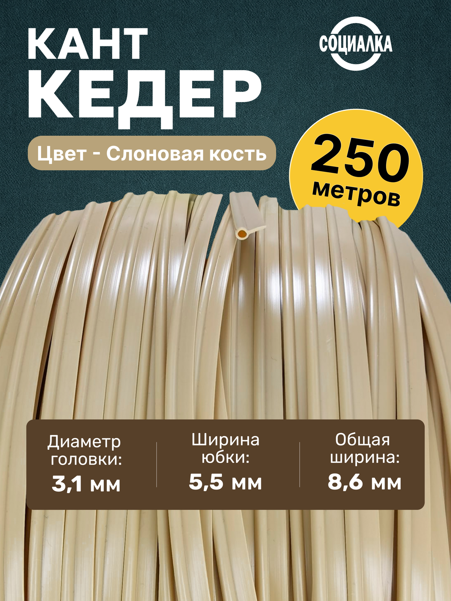 Кедер ( кант, жилка) для сумок, авточехлов и одежды, намотка 250м, слоновая кость/размер: ширина головки 3,1мм; длина юбки 5.5мм