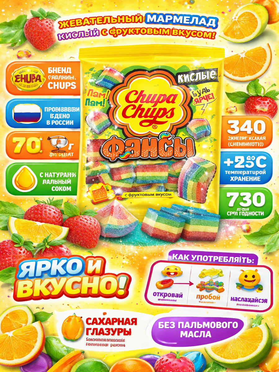 Мармелад жевательный Chupa Chups Фансы кислые с фруктовым вкусом, 70г