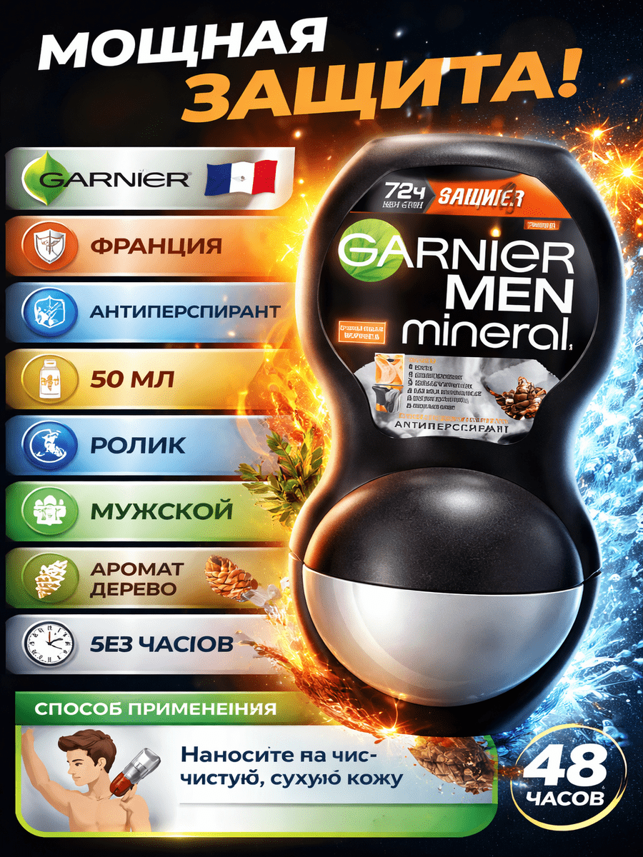 Антиперспирант-ролик Garnier Mineral Men, 50мл