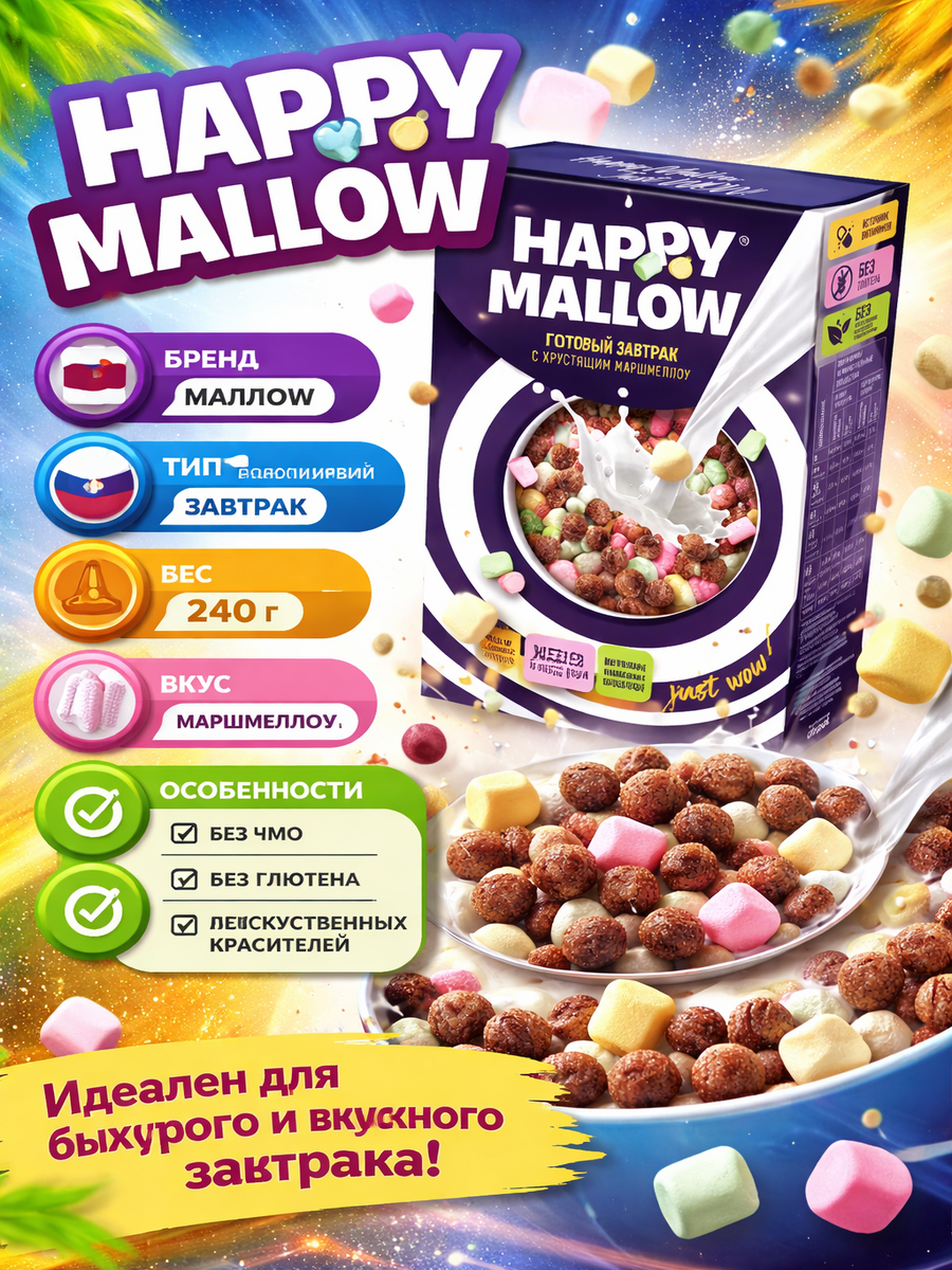 Готовый завтрак Happy Mallow Кукурузные шарики с хрустящим маршмеллоу, 240г