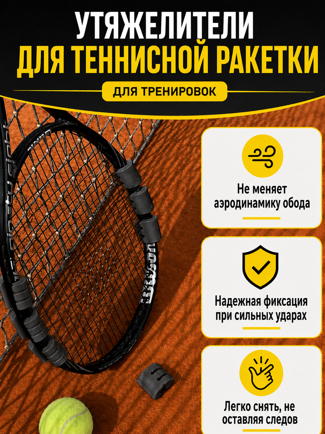 Тренировочные утяжелители для теннисной ракетки - тренажёр для большого тенниса. Черные 6 шт.