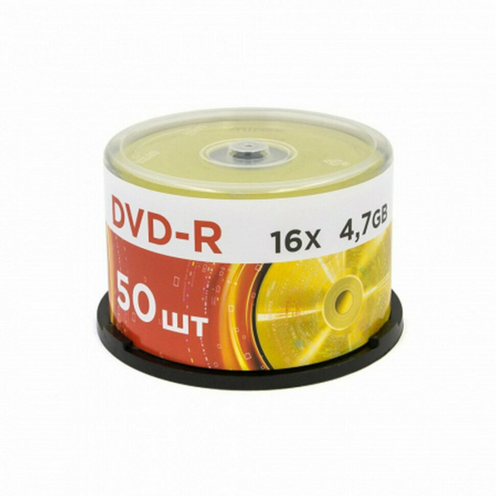 Диск DVD-R MIREX, 4,7 Гб, 16x, Cake Box (упаковка на шпиле), комплект 50 шт, UL130003A1B, 514010