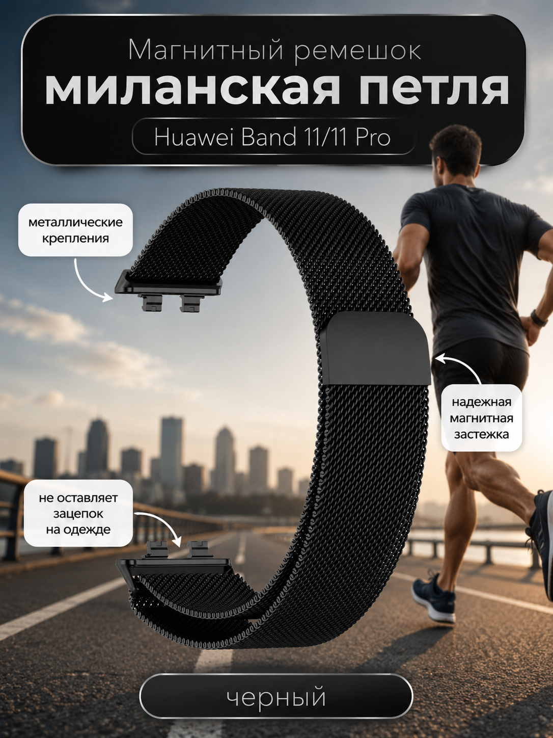Магнитный ремешок миланская петля для Huawei Band 11/11 Pro, черный