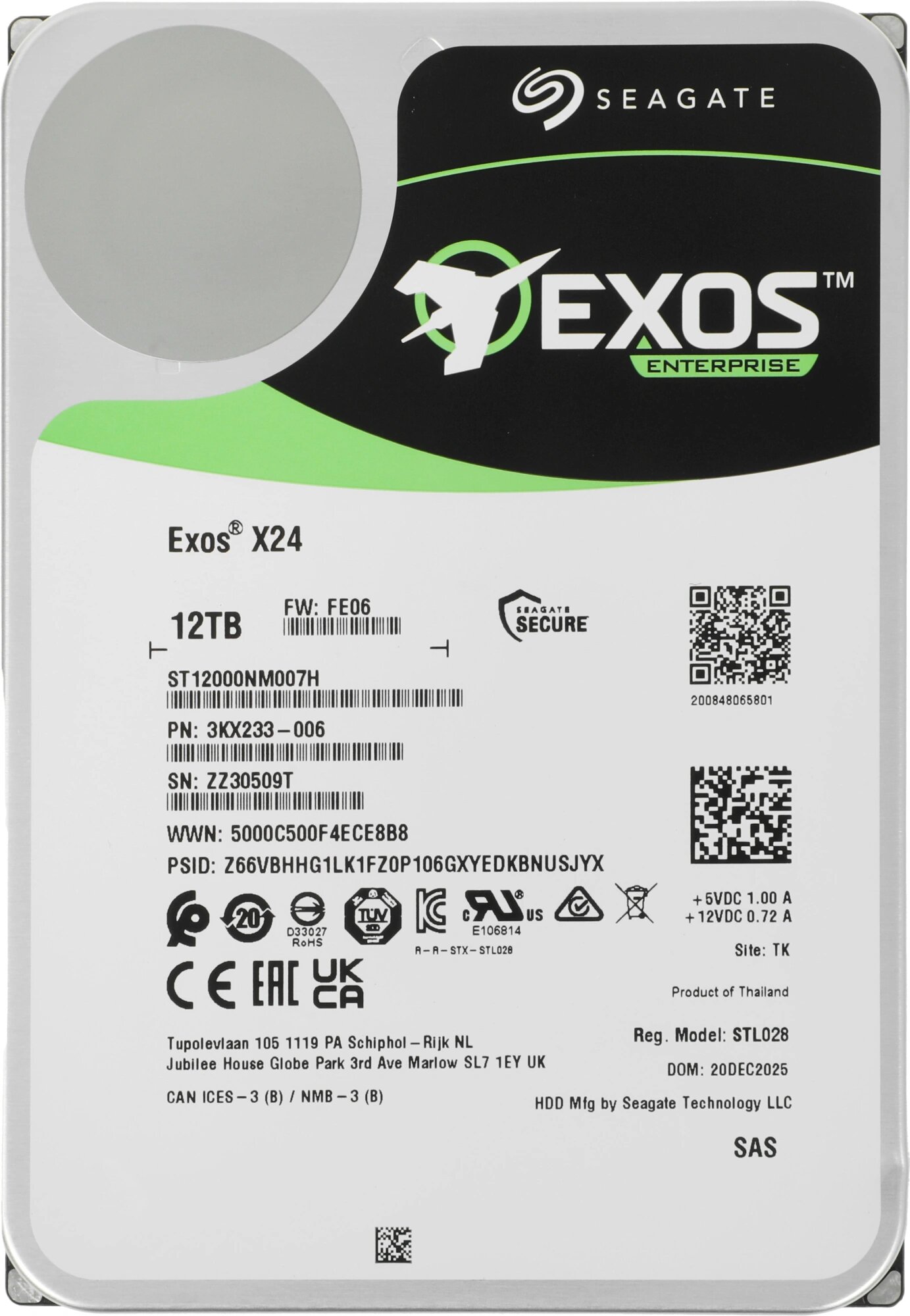 Жесткий диск Seagate SAS 3.0 12TB ST12000NM007H Server Exos X24 4KN (7200rpm) 512Mb 3.5