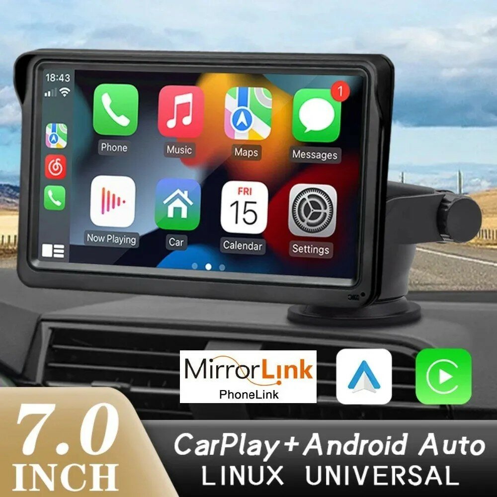 Портативный 7-дюймовый монитор с беспроводным Carplay и Android Auto, Linux система, HD дисплей