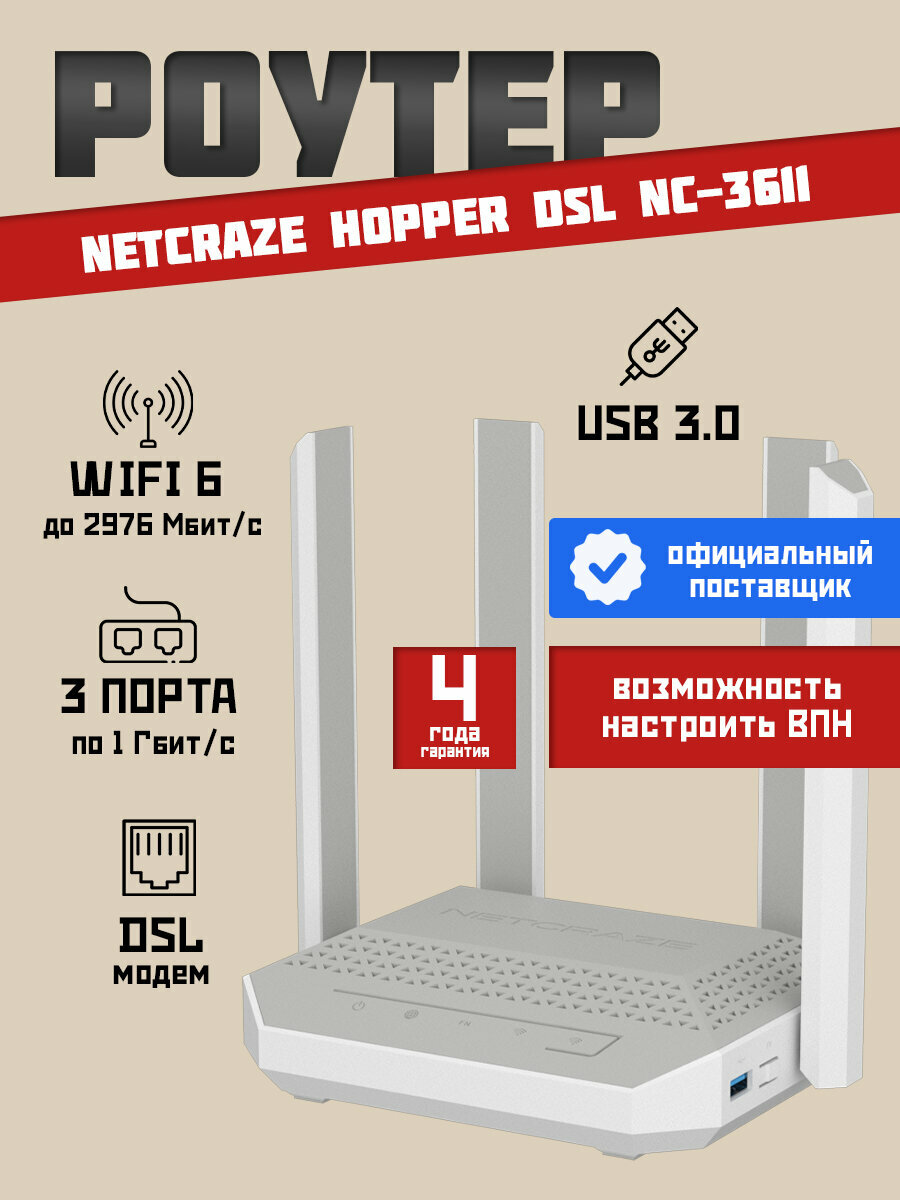 Роутер Wi-Fi Netcraze Hopper DSL NC-3611 до 2402 Мбит/с AX3000 Wi-Fi 6 с DSL-модемом ADSL2+/VDSL2, USB 3.0 для 4G LTE модемов, Mesh-роутер