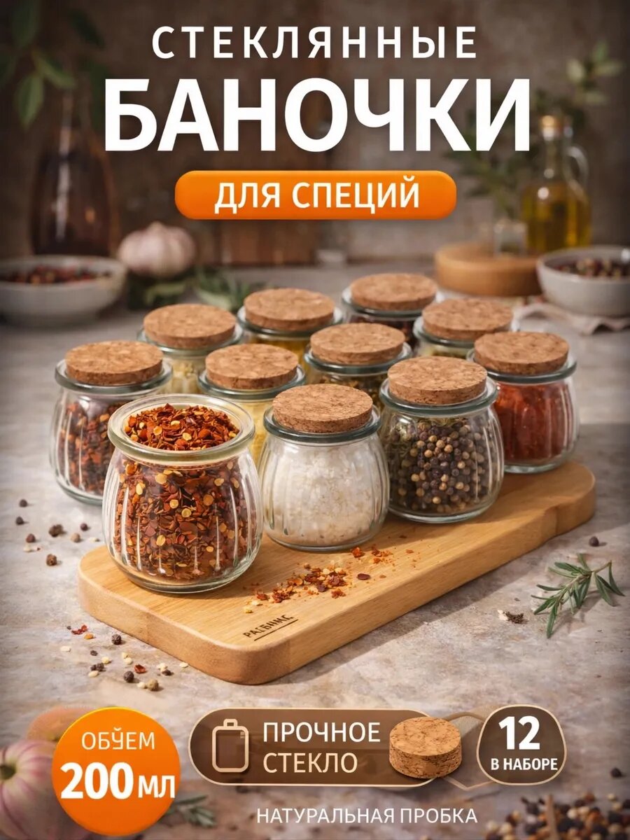 Набор баночек Доляна «Парфе», стеклянные для специй, с пробковой крышкой, 200 мл, 7,4×8 см, 12 шт.
