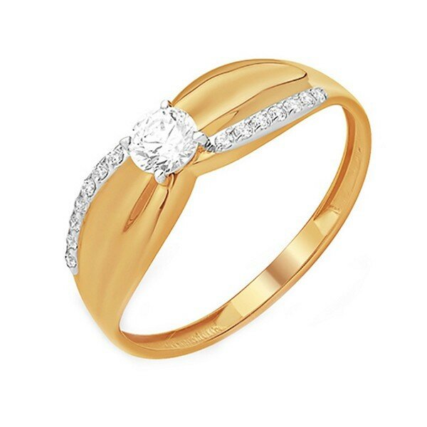 Кольцо широкое, тонкое, красное золото, 585 проба, фианит, кристаллы Swarovski