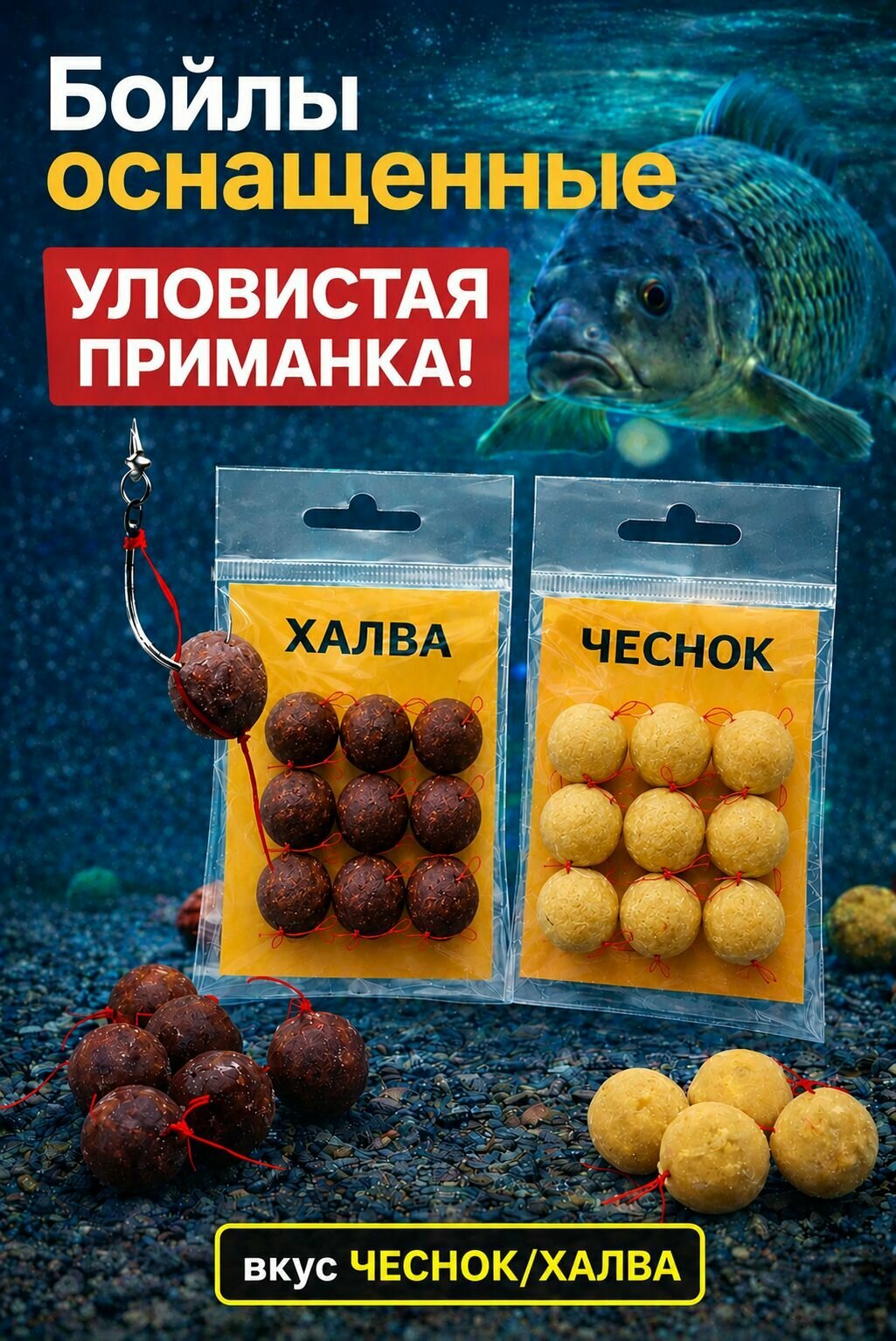 Бойлы рыболовные оснащенные "Чеснок/Халва", готовая карповая оснастка, приманка с крючком, комплект 2 штуки