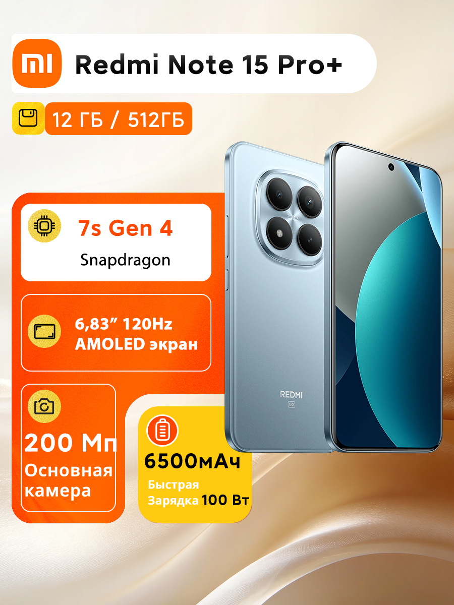 Смартфон Xiaomi Redmi Note 15 Pro+ 5G 12GB/512GB синий RoTest, 6500 мАч, двойная SIM-карта SIM,