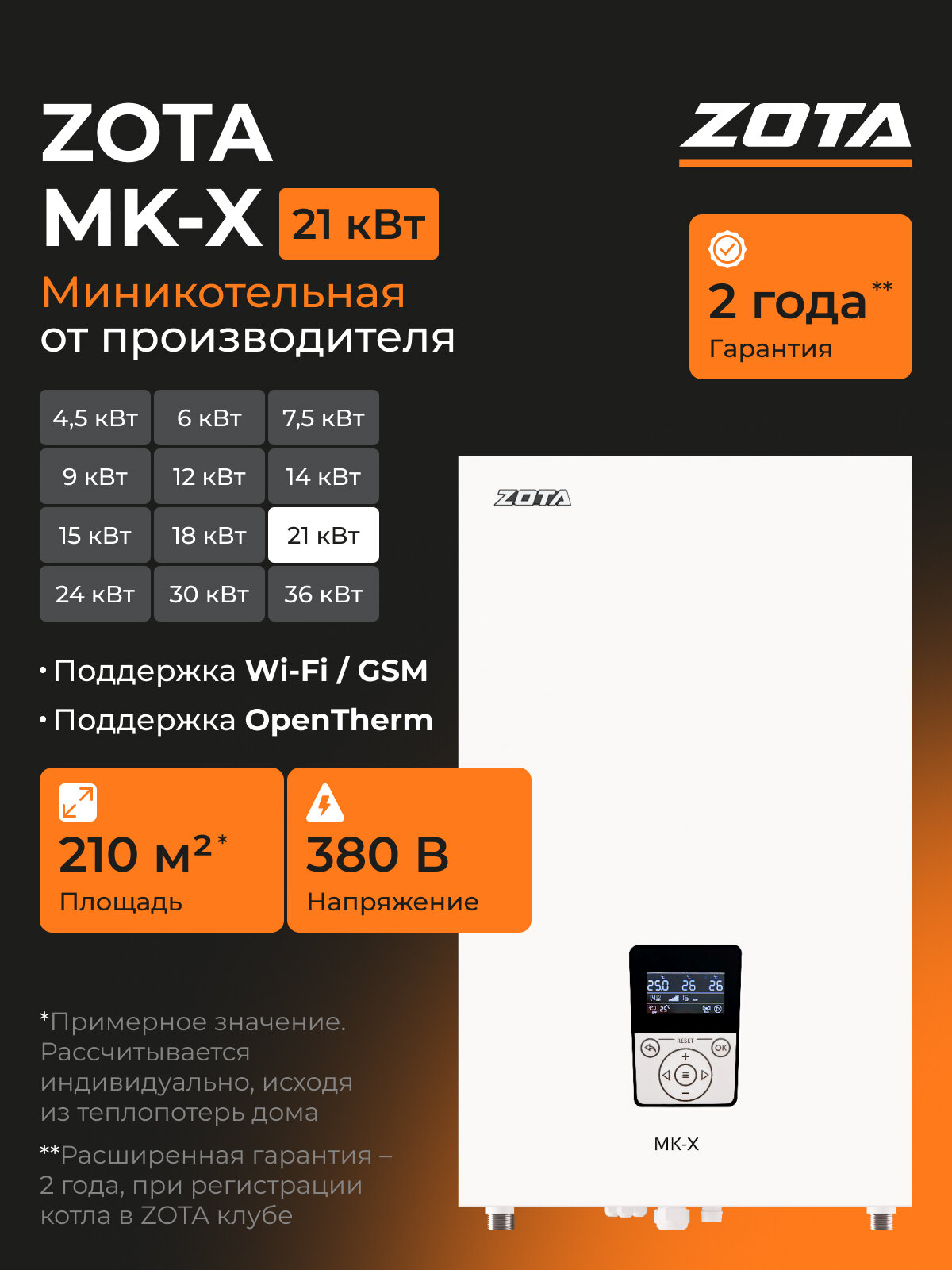Котел электрический ZOTA MK-X 21кВт (210м2) / Одноконтурный настенный электрокотёл для отопления ZM3468426021