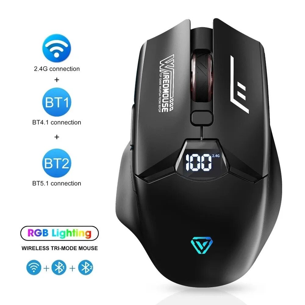 Беспроводная мышь 2.4G/BT1/BT2 с RGB подсветкой, Black