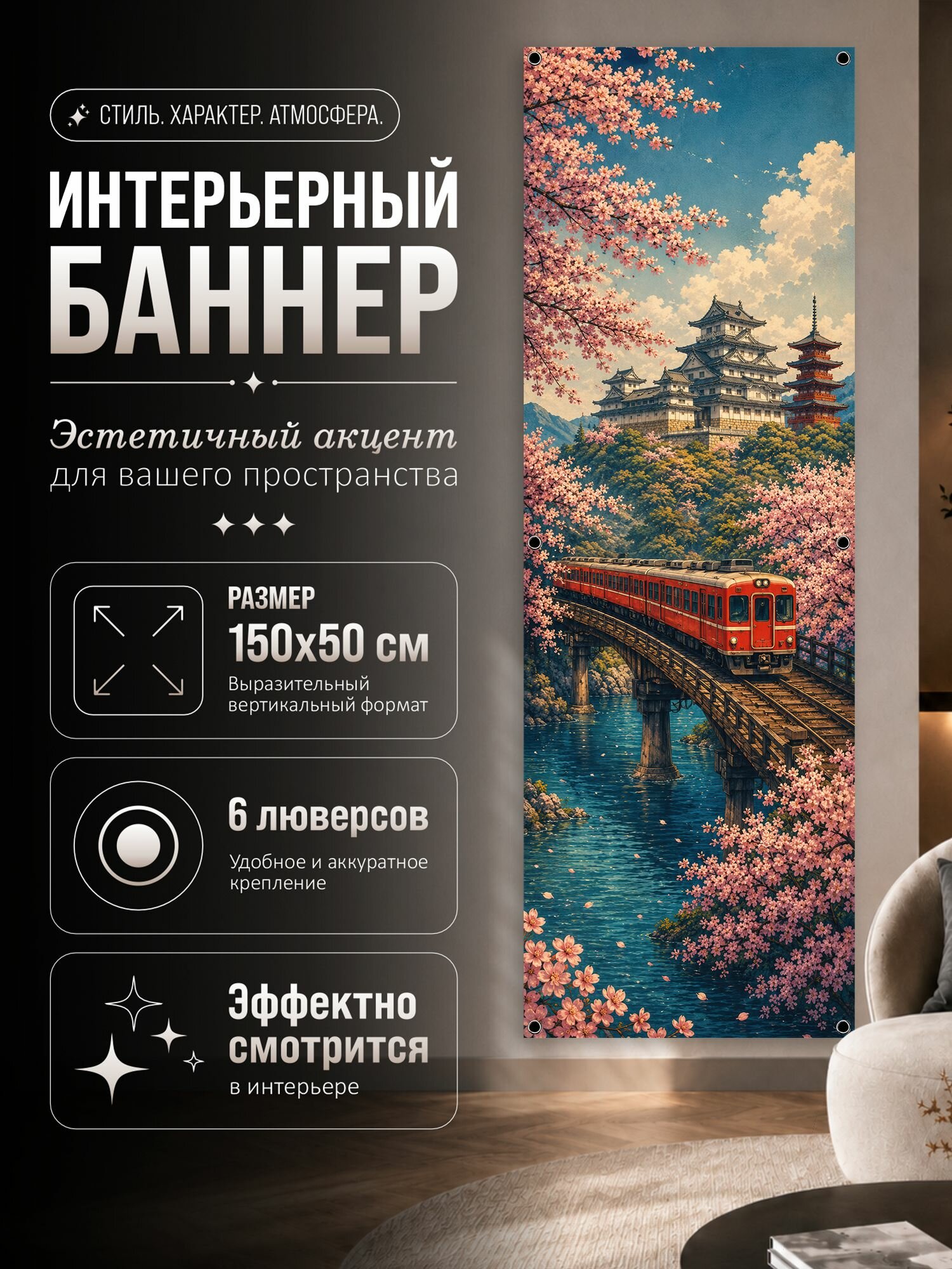 Постер на стену баннер 150х50, Японский ретро постер