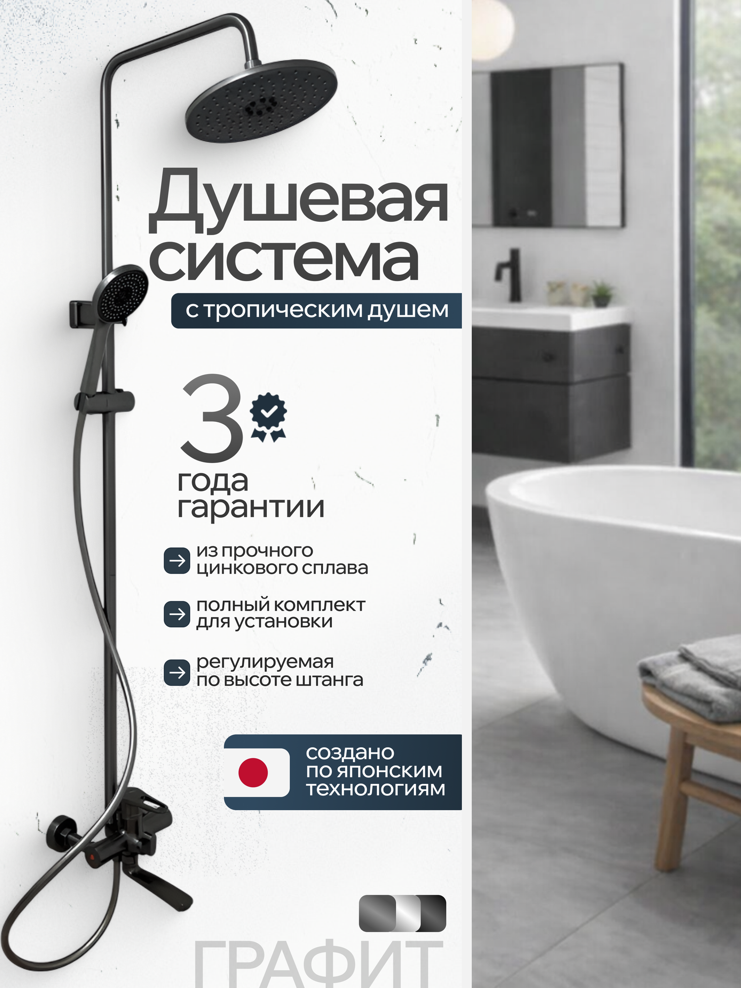 Душевая система с тропическим душем, смеситель для ванны RICARDO R1624, графит