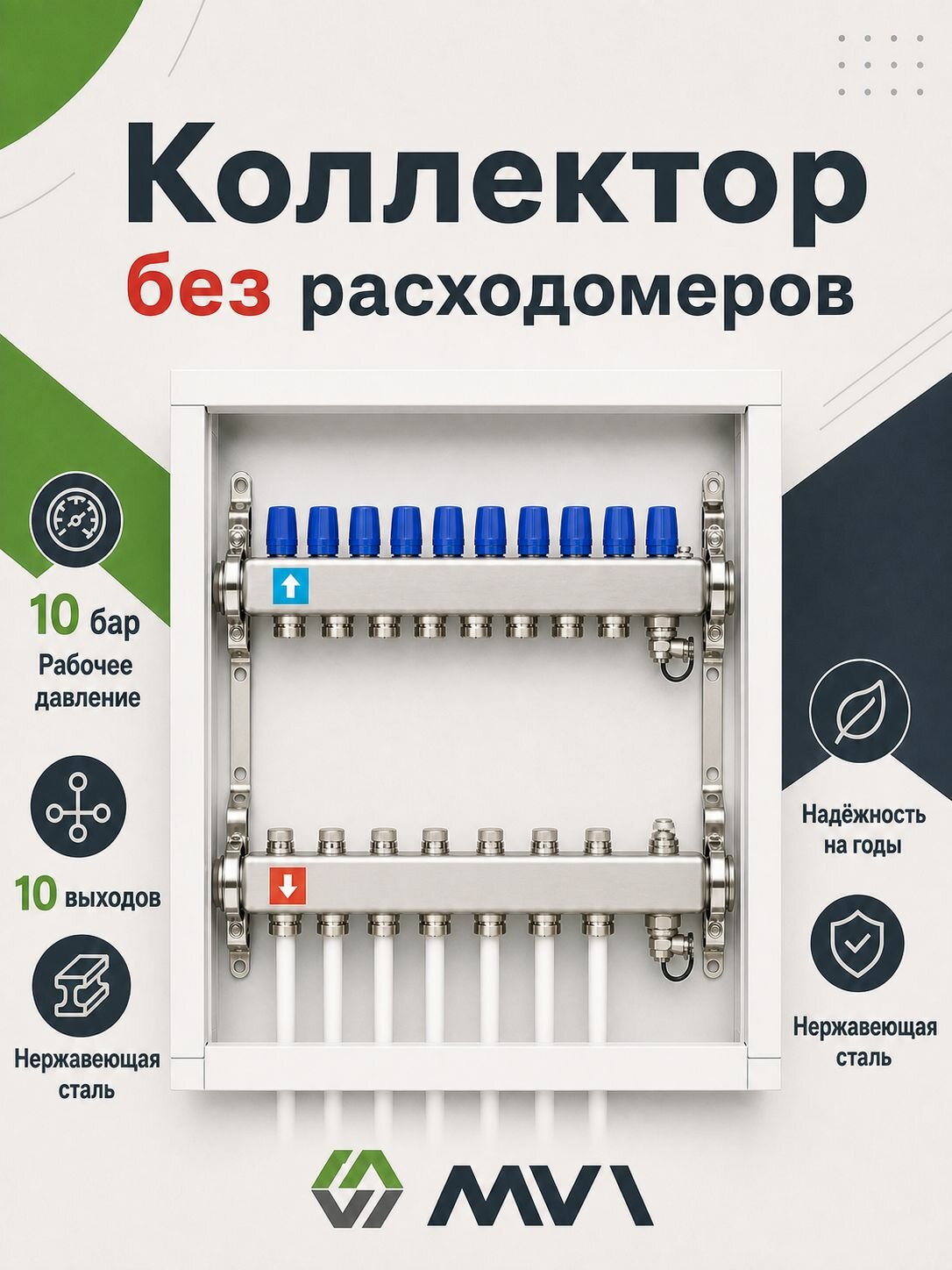 Коллектор MVI из нержавеющей стали в сборе для отопления, 10 выходов / контуров / отводов