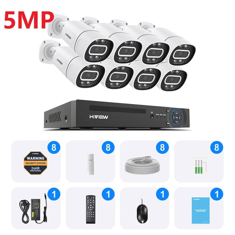 Система видеонаблюдения H.View 4K 5Mp 8Mp POE CCTV для безопасности Домашний набор видеонаблюдения 8-канальный NVR с аудио Внешняя IP-камера приложение xmeye