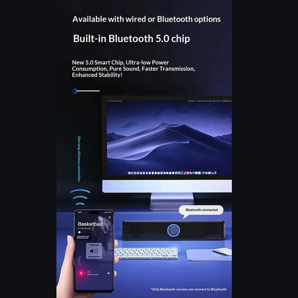 Компьютерные колонки Bluetooth 5.0 с проводным подключением и режимом глубокого баса