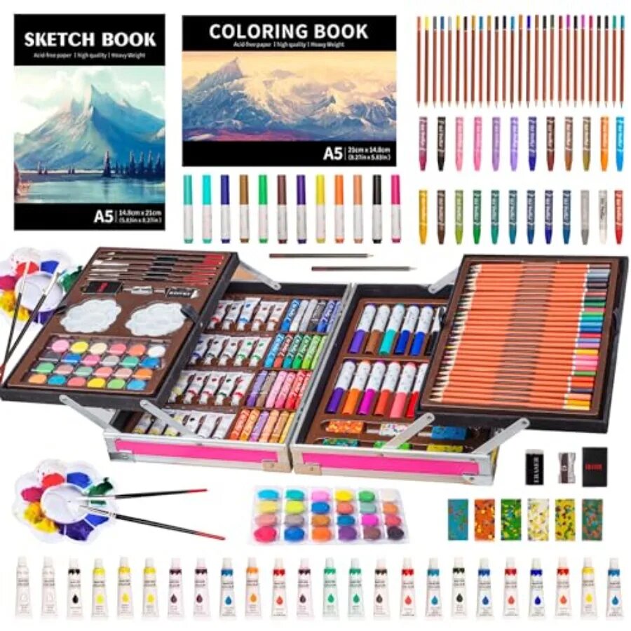 Наборы для искусства, Набор материалов для рисования и чертения Art Supplies Kit, 139 штук, с 2 блокнотами для эскизов, роскошными двуслойными ремнями, цветными карандашами, масляными пастелями