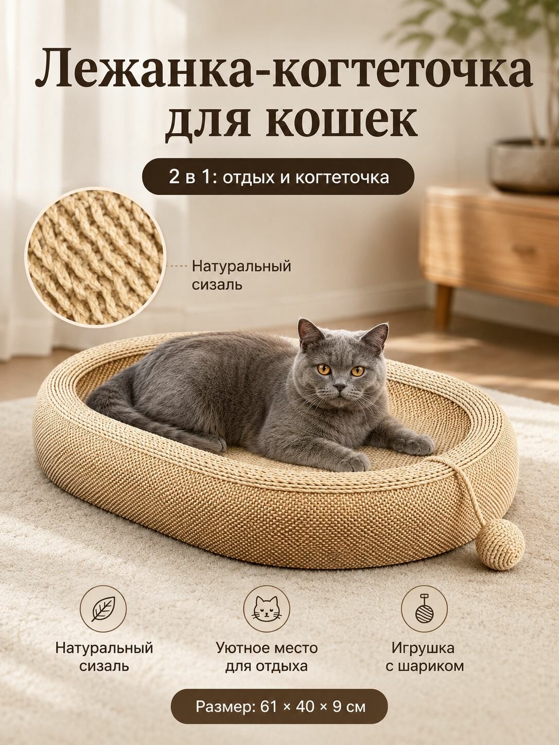 Лежанка-когтеточка для кошек из картонная натурального сизаля, кресло для кошек 61 40 9 см с игрушкой-шариком. для заточки когтей, износостойкая,