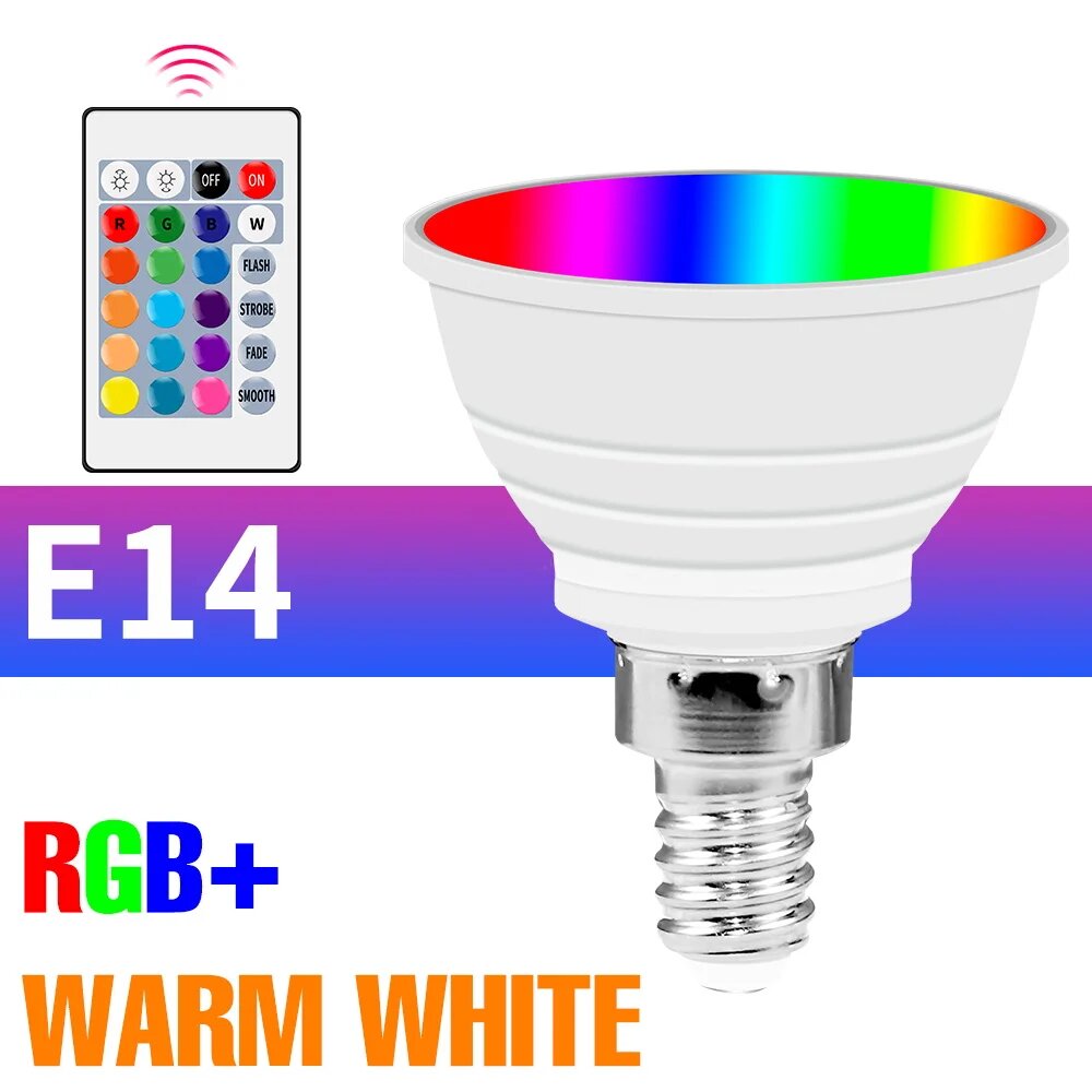 RGB E14 лампа с пультом, 15 цветов + теплый белый